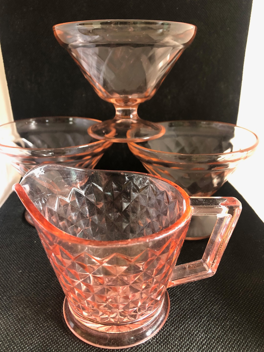 Set of Pink Depression Glass Creamer and 3 Parfait Cups Diamond Quilted ...