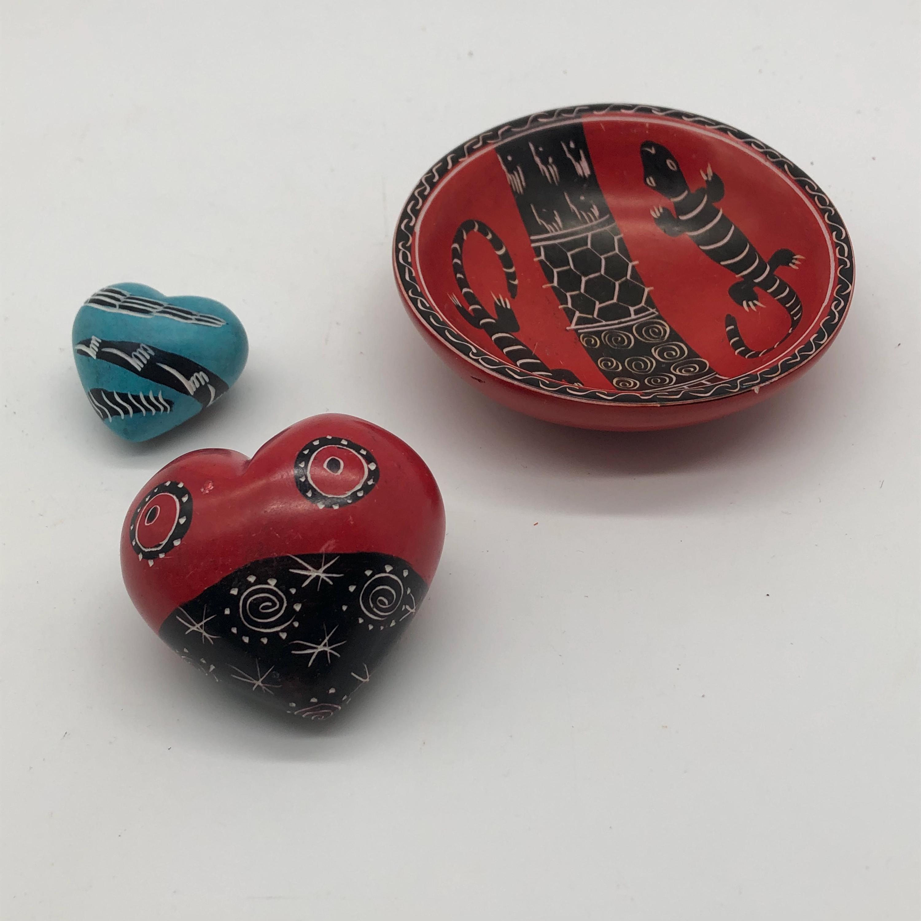 3 Soapstone Carvings, One Bowl and One Heart in Red & Black, One ...