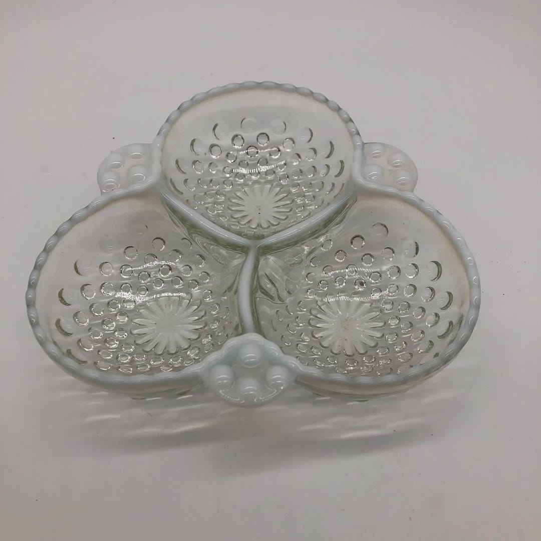 Vintage Fenton Hobnail Opalescent Moonstone Glass Divided Dish With 3 ...