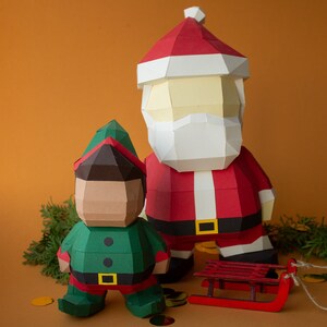 Santa + Elf 3d Papercraft Christmas Decor, PDF Low Poly Christmas Paper ...