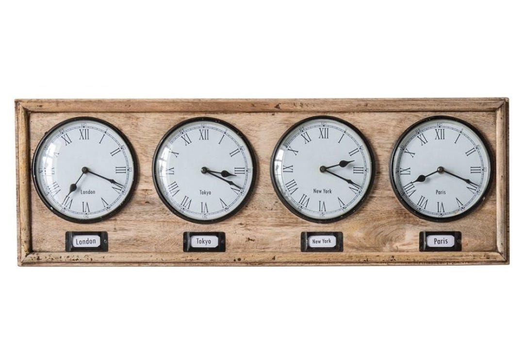 Wall Clock WORLD TIME With 4 Time Zones | Recycled Mango Wood | Approx ...