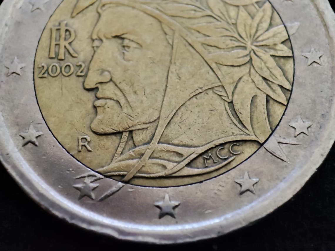 Moneda rara, moneda de 2 euros 2002 Italia Dante, 2002 Italia, moneda ...