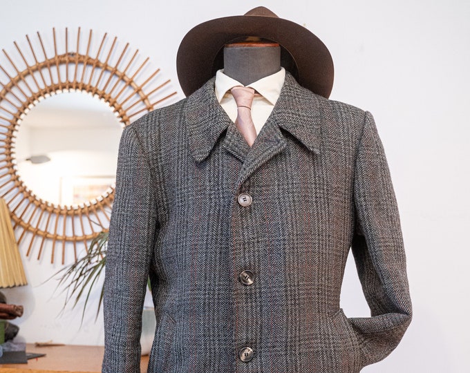 Vintage 50s 1950s French Overcoat, Grey Tartan Wool * Size 38 - Etsy