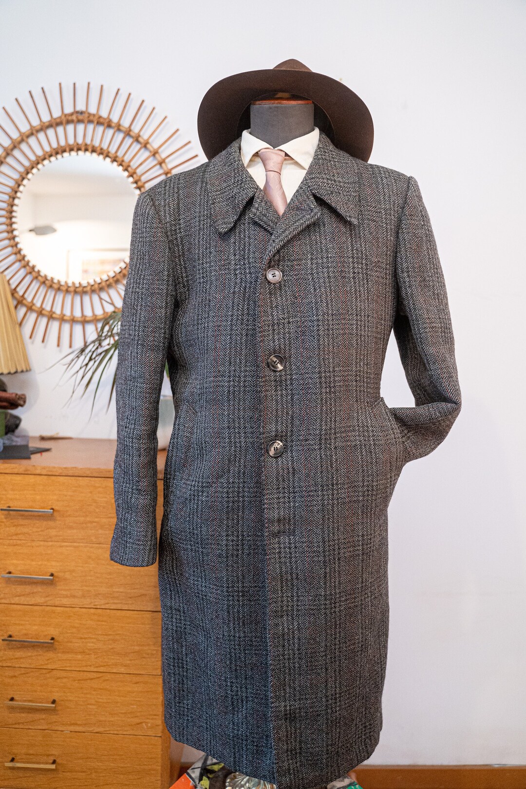 Vintage 50s 1950s French Overcoat, Grey Tartan Wool * Size 38 - Etsy