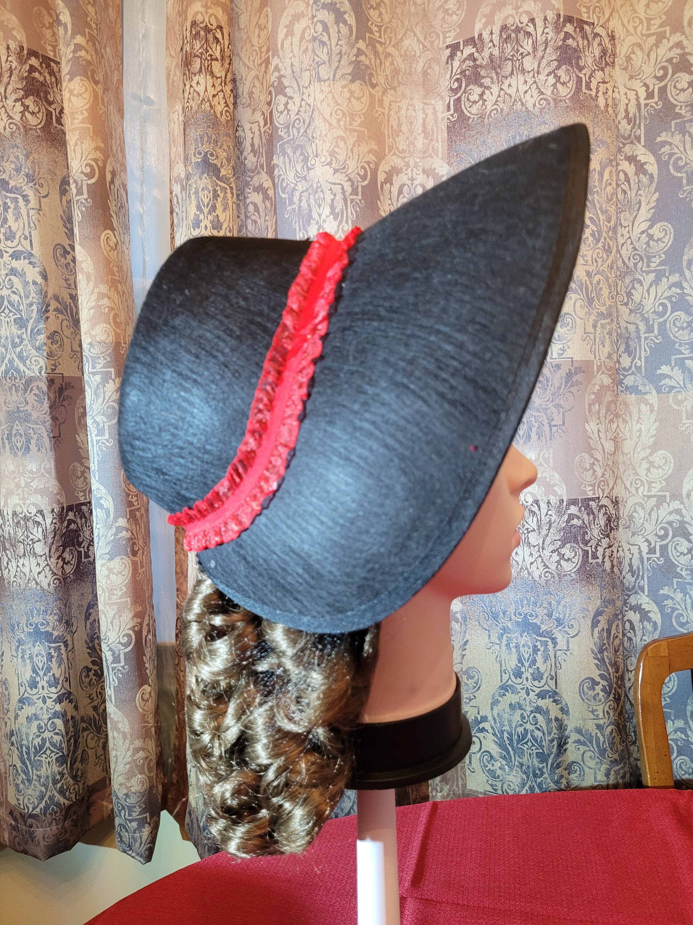 Black Felt Bonnet With Red Ruffled Trim - Etsy