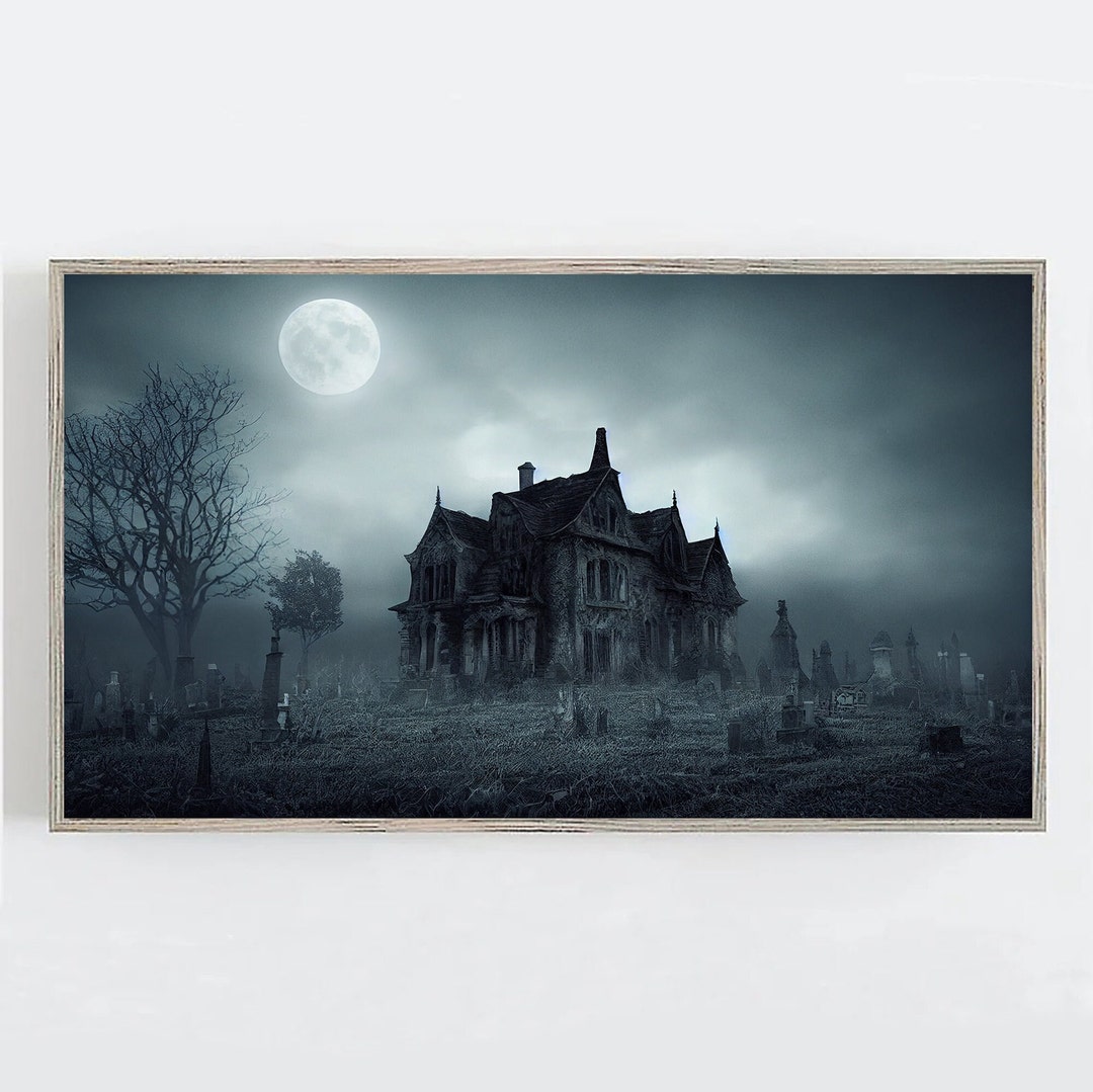 Haunted House Frame TV Art Halloween Wall Art Moonlight Frame TV Spooky ...