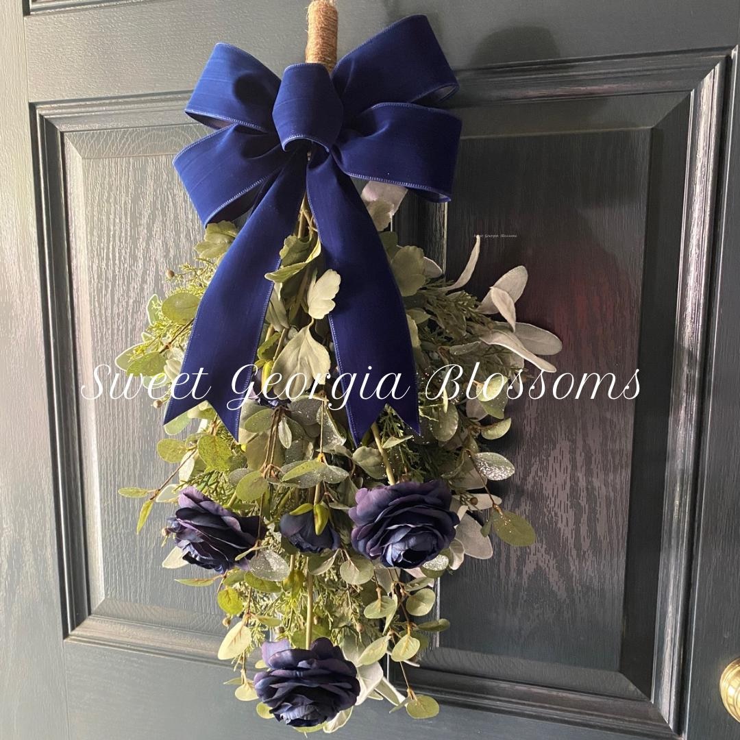 Navy Blue Ranunculus Winter Swag for Front Door, Navy Christmas Decor ...