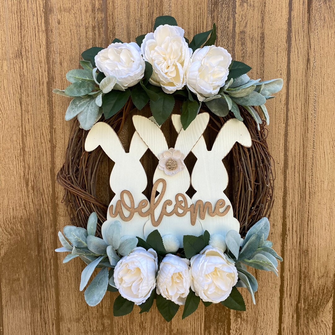 Spring Wreath With Bunny Welcome Sign, Bunny Wreath, Easter Wreath ...