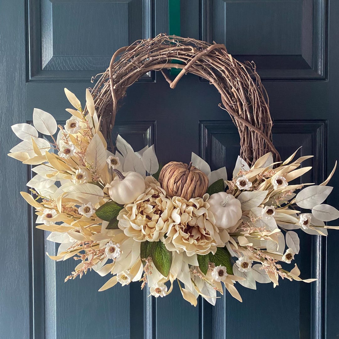 Neutral Cream Fall Wreath for Front Door, Pumpkin Wreath, Peony Wreath ...