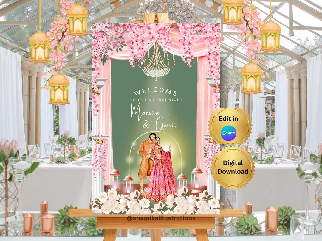 Mehandi Ceremony Welcome Sign, Indian Wedding Welcome Board, Editable ...