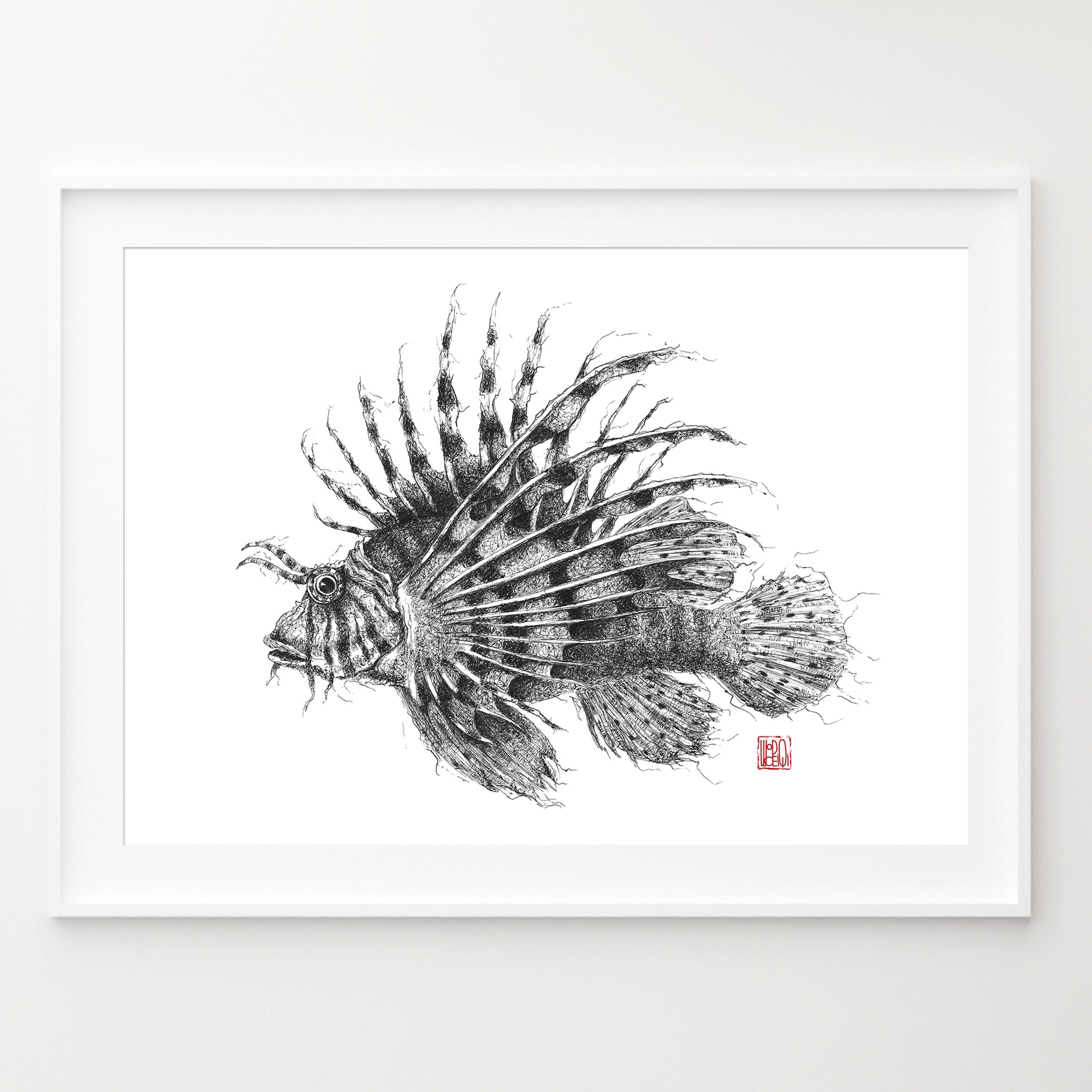 PRINTABLE Lionfish Pen Drawing Poster Marine Animal Ocean Underwater ...