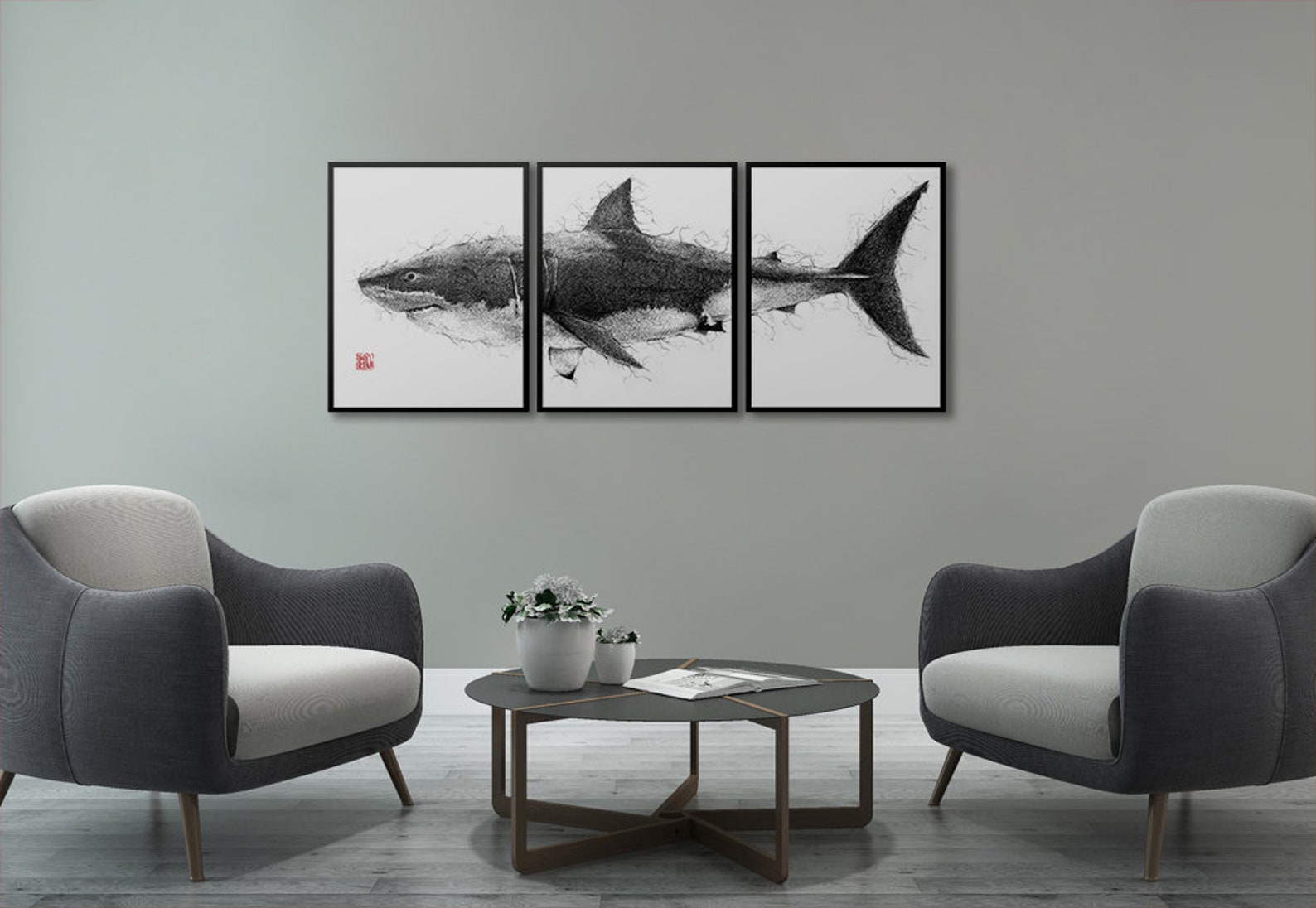 PRINTABLE Great White Shark Set of 3 Poster Pen Drawing Marine Creature ...