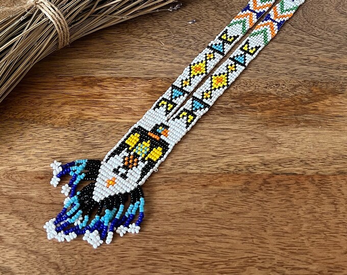 Native American Glass Seed Bead Fringe Tassel Necklace W/ Eagle Long ...