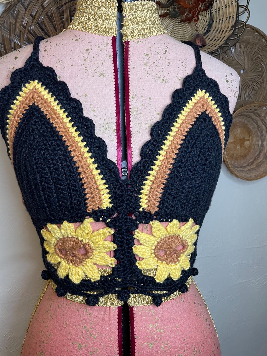 Crochet Sunflower Skull Top, Unique Black Floral Bralette for Boho ...