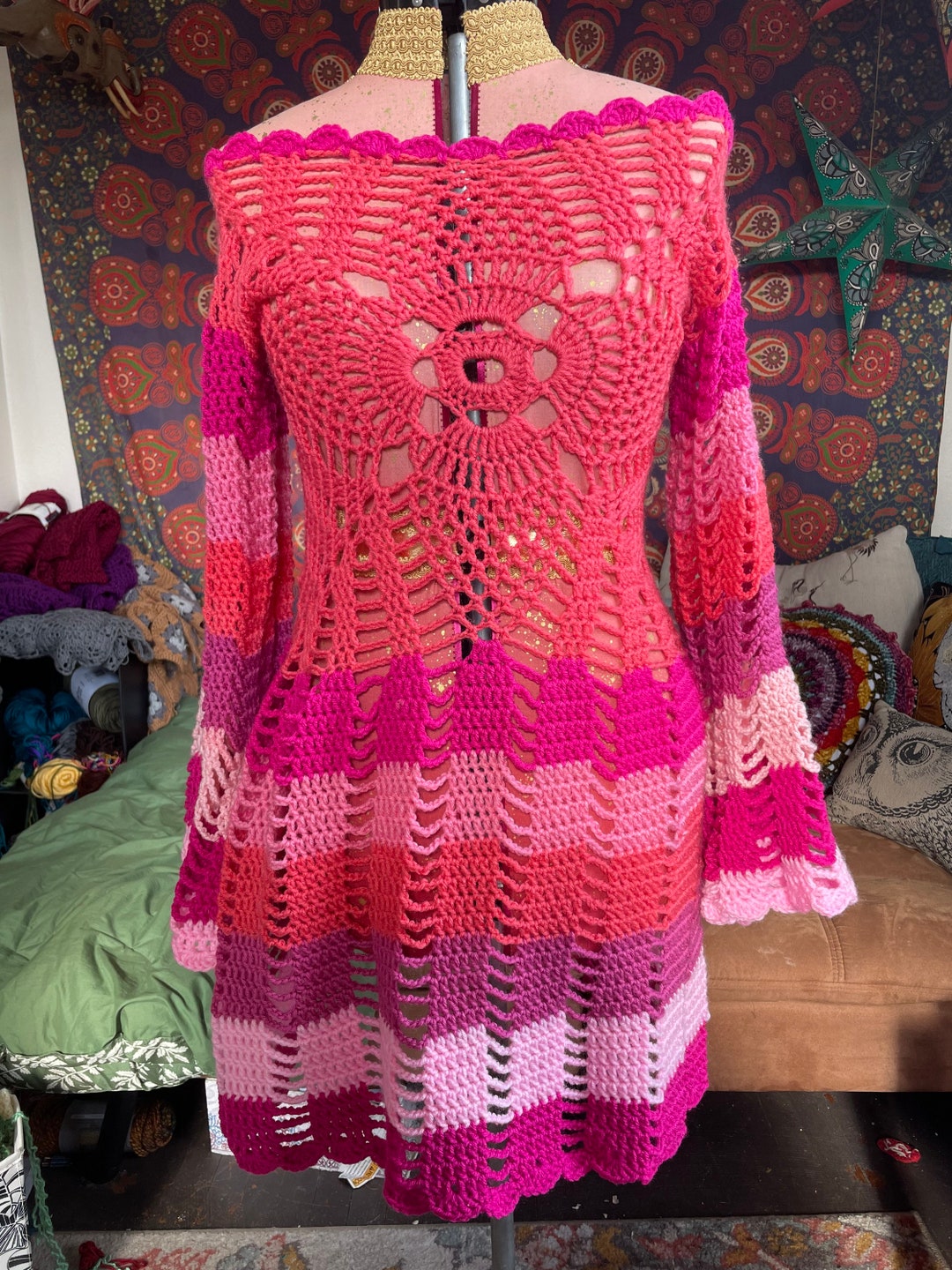 Pink Festival Crochet Dress, Y2K Bell Sleeve Groovy Dress, 60s Inspired ...