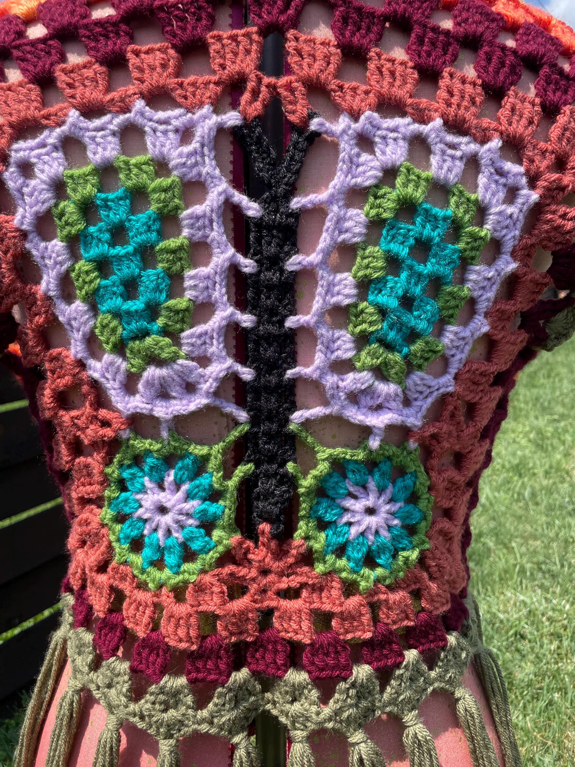 Retro Multicolor Crochet Butterfly Vest~ M/L~ Vintage Inspired Fringe ...