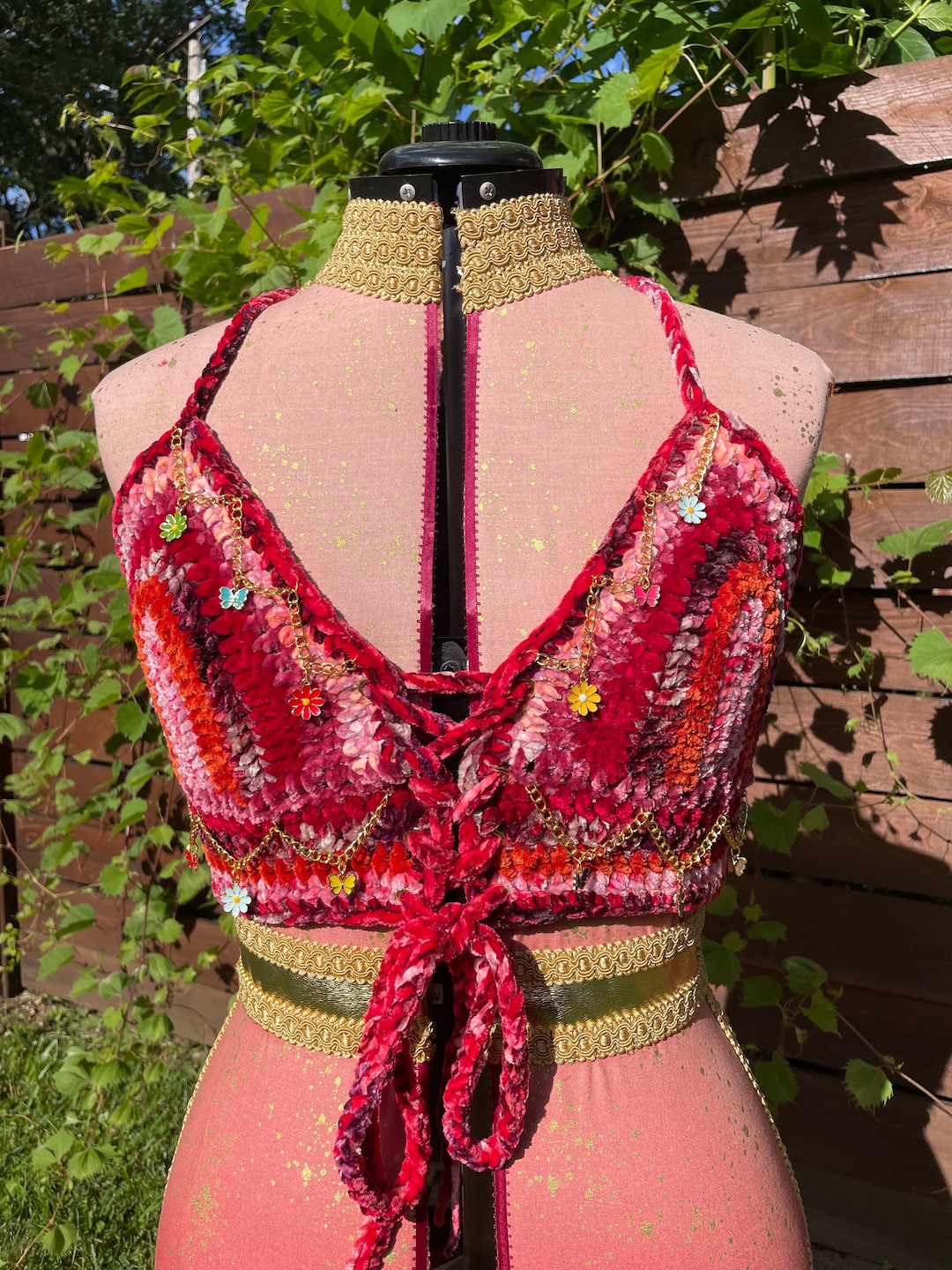 Red and Pink Velvet Bralette With Gold Chains, Butterfly & Flower ...
