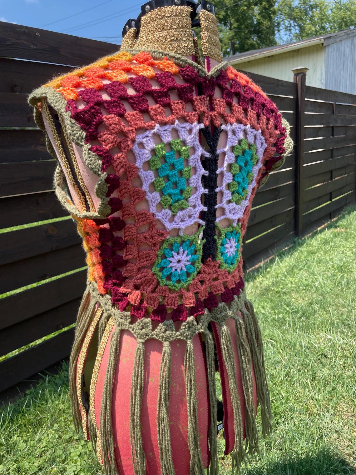 Retro Multicolor Crochet Butterfly Vest~ M/L~ Vintage Inspired Fringe ...