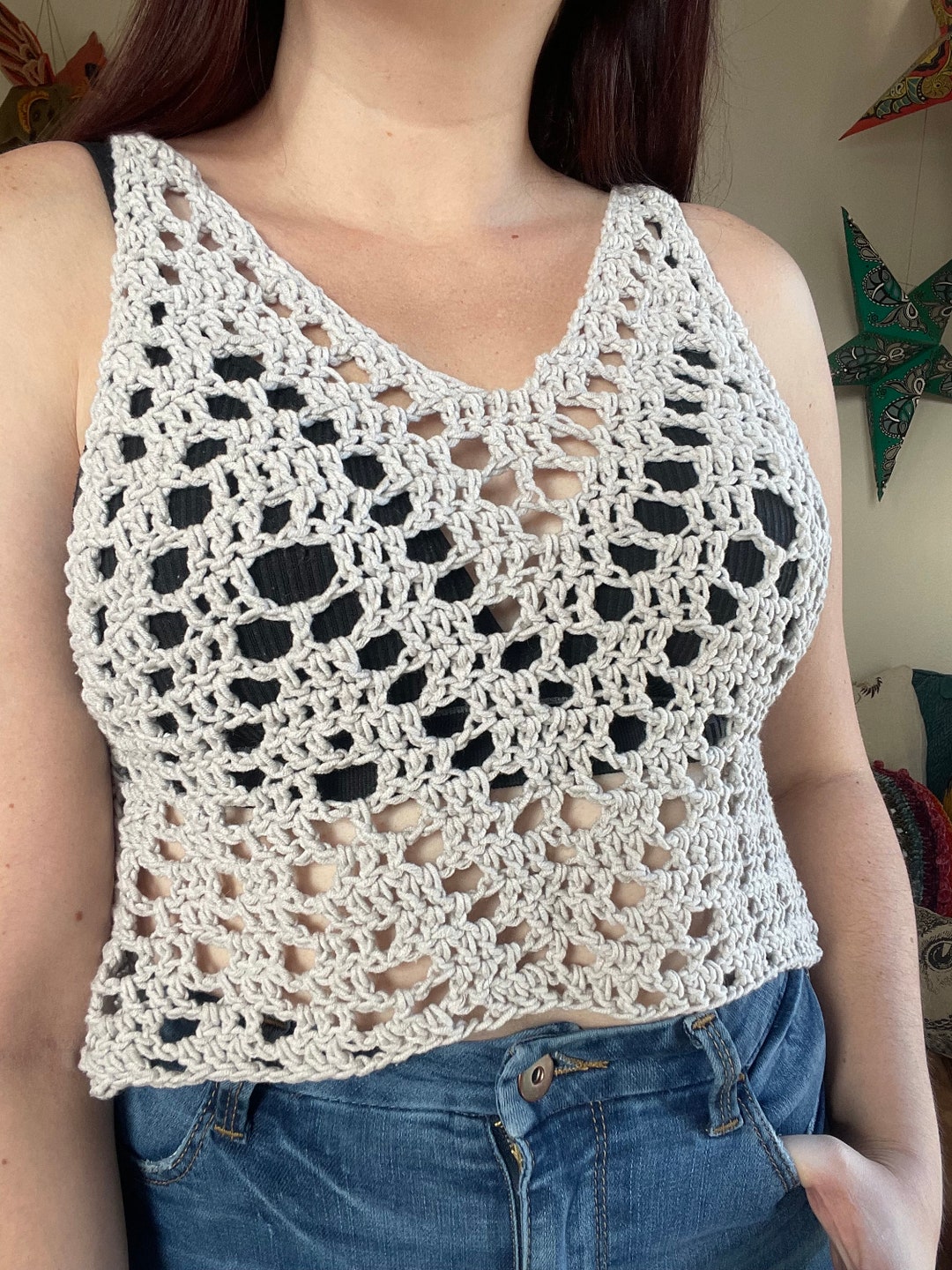 Chevron Crop Top S/M Hippie Boho Tank, Lacy Geometric Casual Crop Top ...