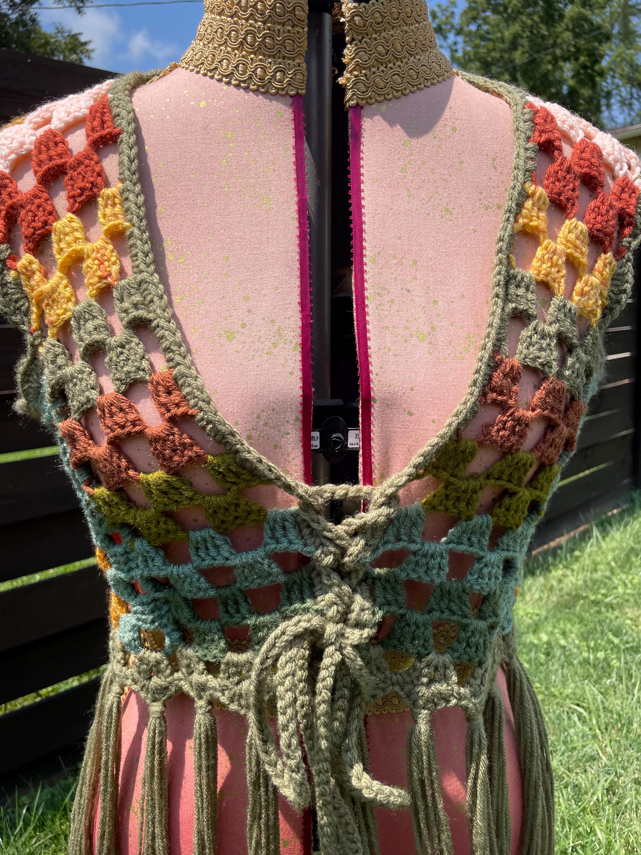 Retro Multicolor Crochet Butterfly Vest~ M/L~ Vintage Inspired Fringe ...