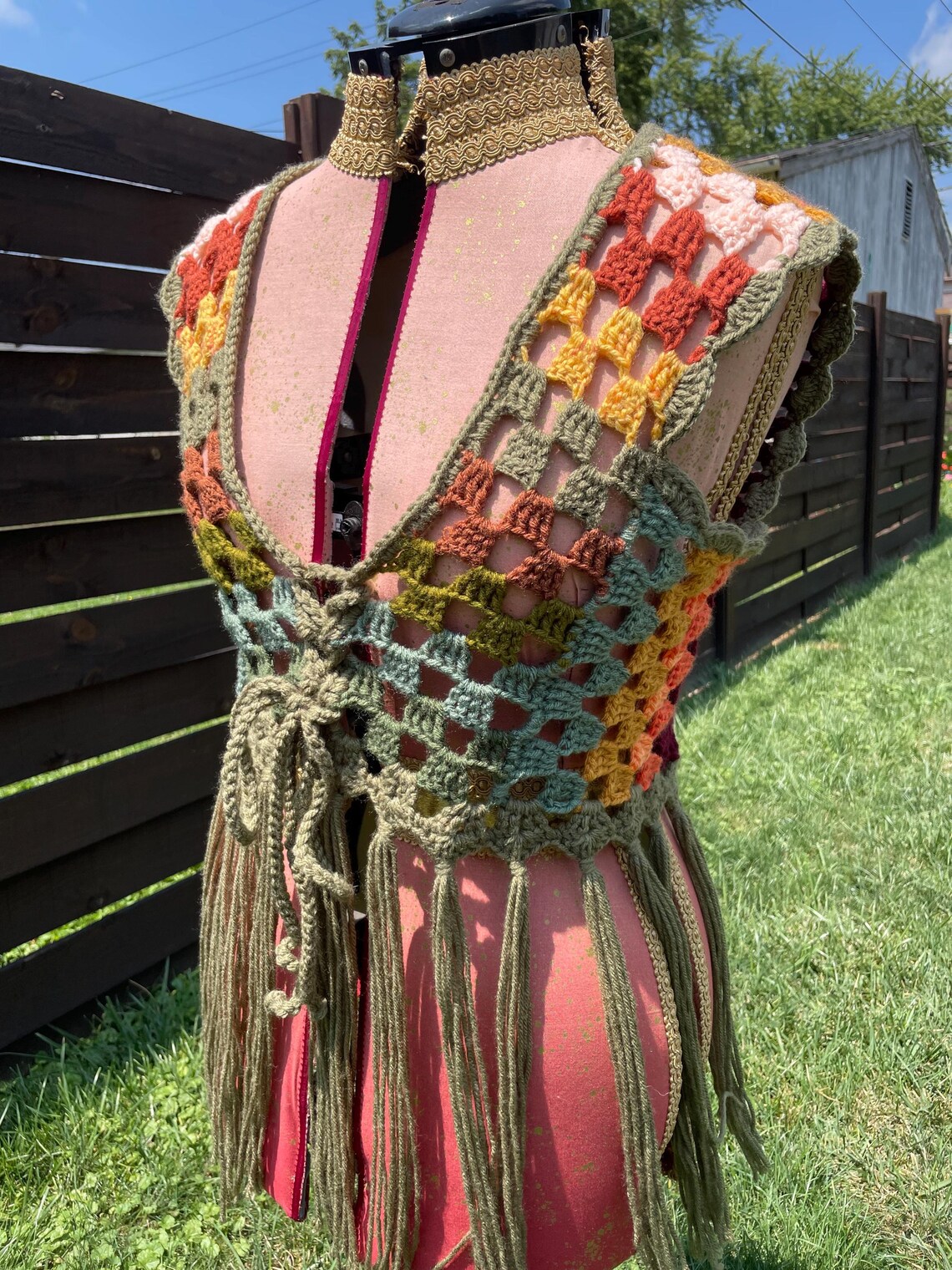 Retro Multicolor Crochet Butterfly Vest~ M/L~ Vintage Inspired Fringe ...