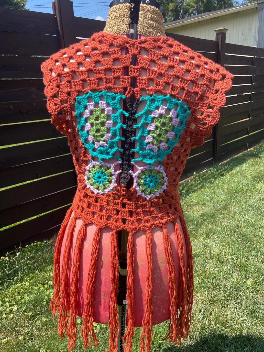 Retro Orange Crochet Butterfly Vest~ M/L~ Vintage Inspired Fringe ...
