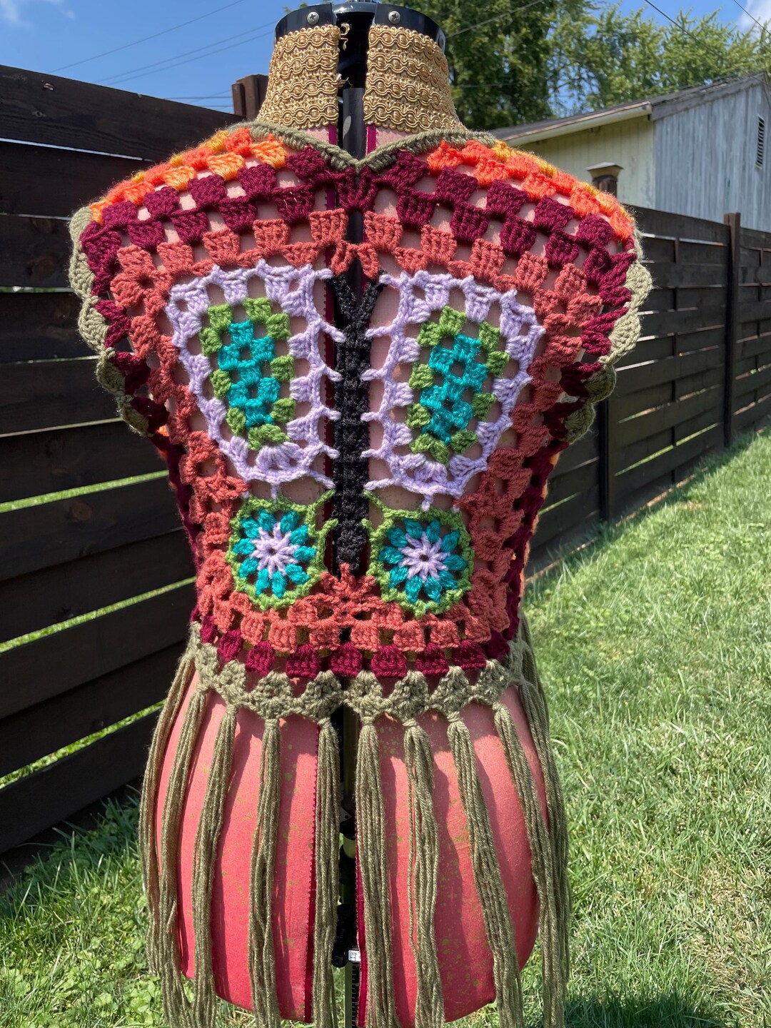 Retro Multicolor Crochet Butterfly Vest~ M/L~ Vintage Inspired Fringe ...