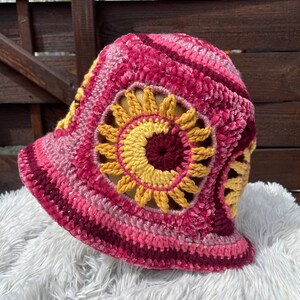 Bohemian Pink Crochet Moon and Sun Bucket Hat, Stylish Celestial ...