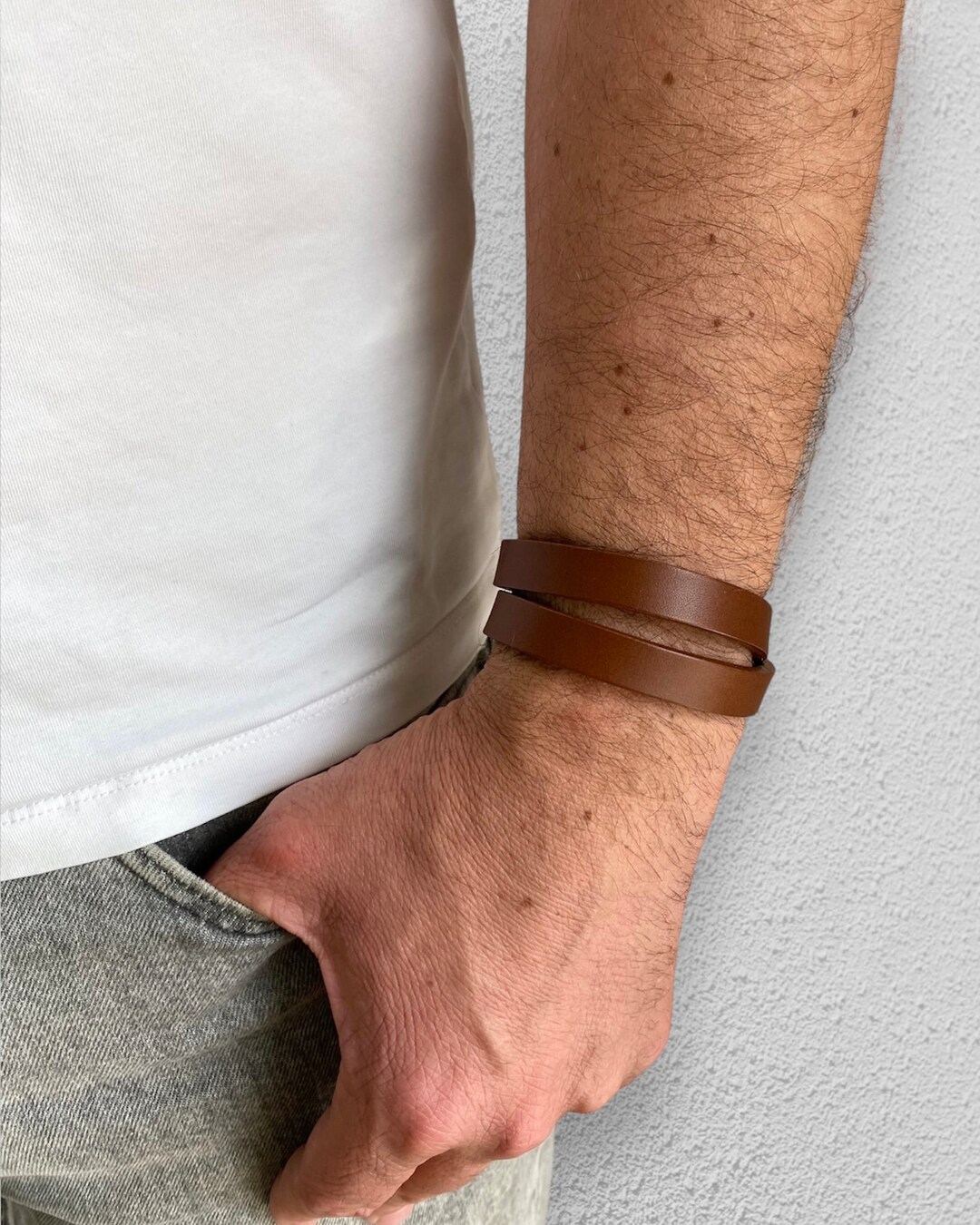 Double-wrapped, Size-adjustable Men's Bracelet in Medium Brown Made of ...