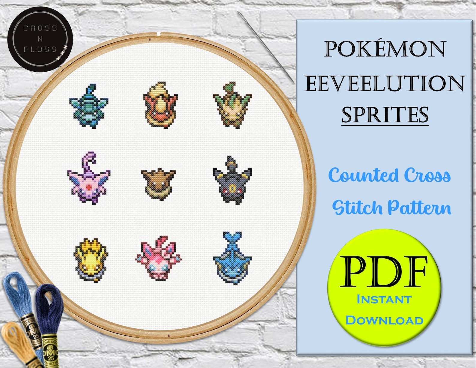 Pokémon Eeveelution Sprites Cross Stitch Pattern Pokémon 10 X 10 Hoop ...
