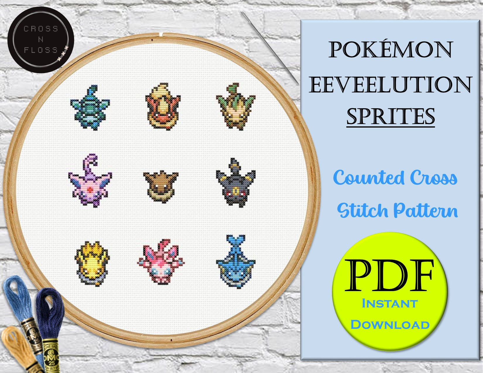 Pokémon Eeveelution Sprites Cross Stitch Pattern – 10" Hoop (PDF ...