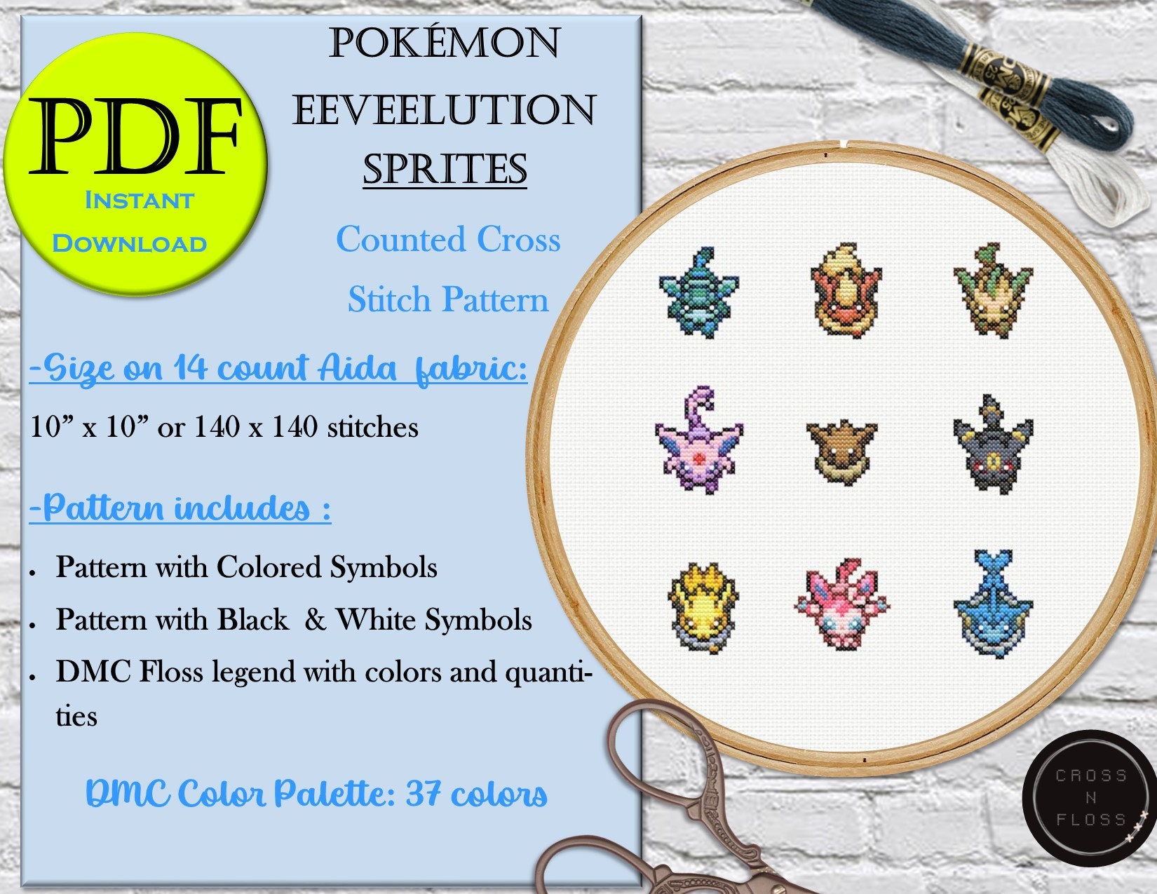 Pokémon Eeveelution Sprites Cross Stitch Pattern Pokémon 10 X 10 Hoop ...