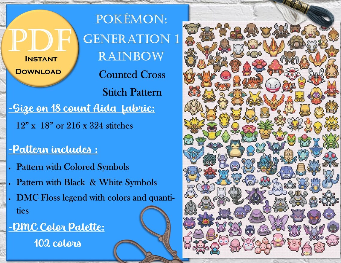 Pokémon Generation 1 Rainbow Cross Stitch Pattern Pokémon 12 X 18 ...