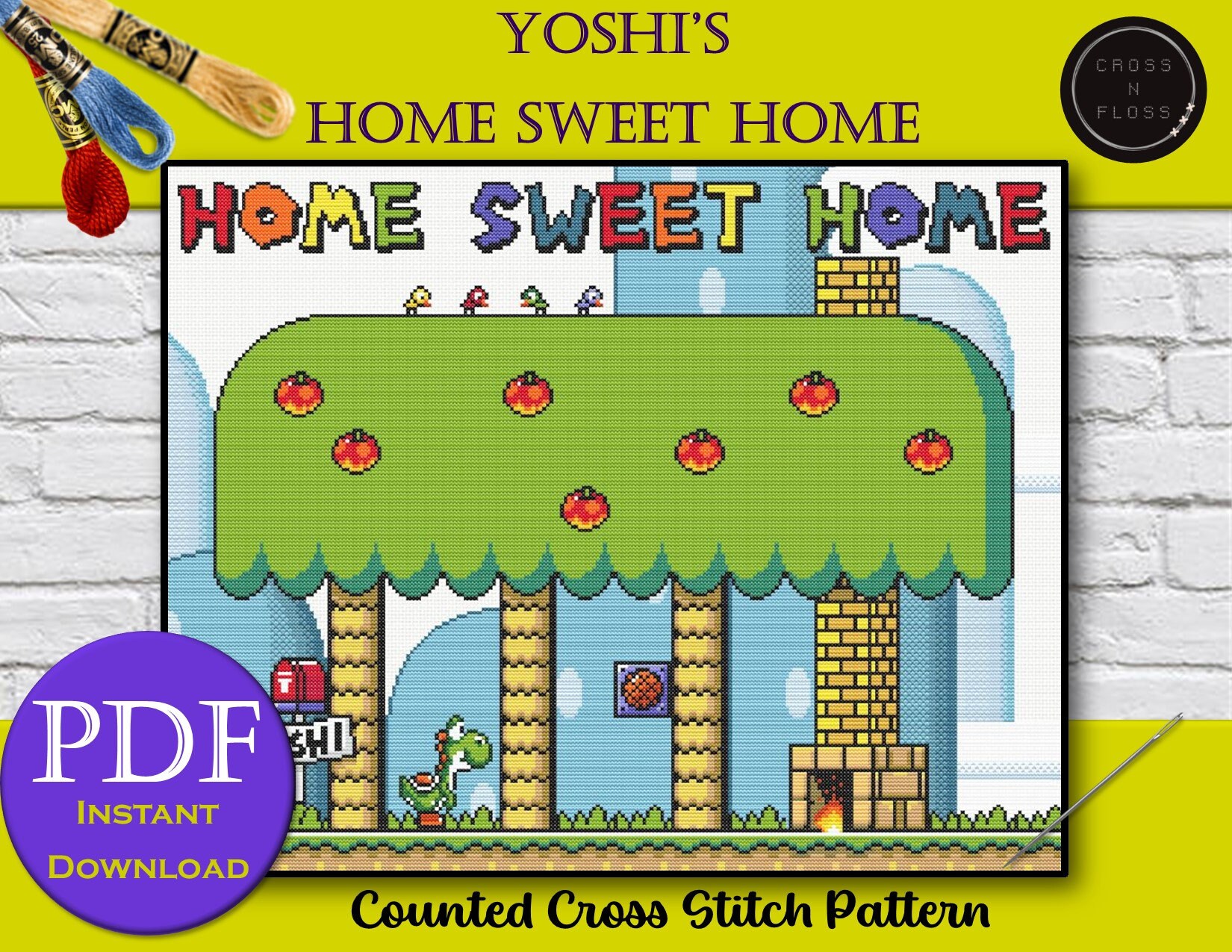 Yoshi's Home Sweet Home Cross Stitch Pattern Super Mario 11 X 14 Sized ...