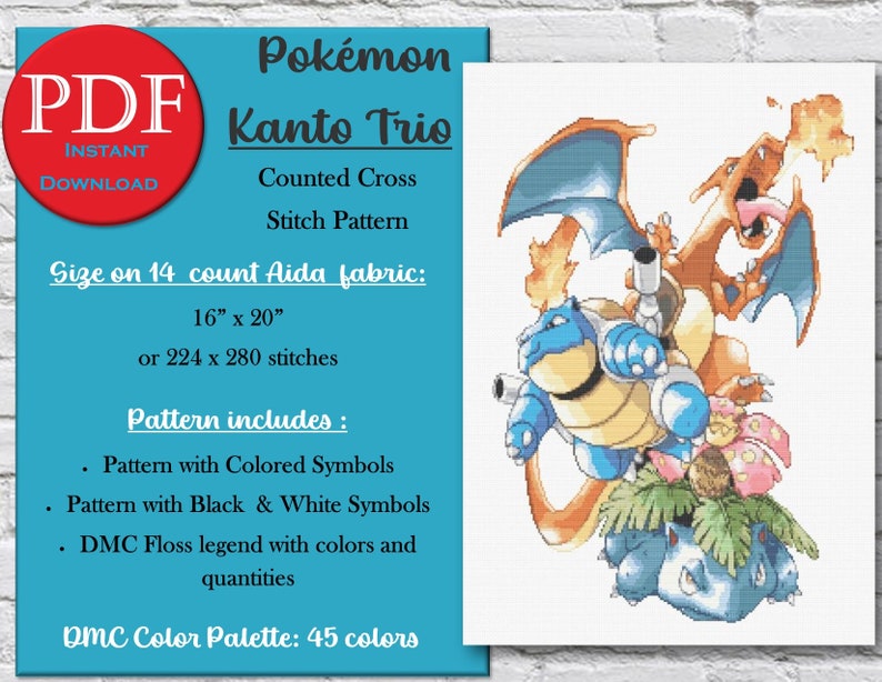 Pokemon Cross Stitch Pattern Kanto Trio Charizard - Etsy