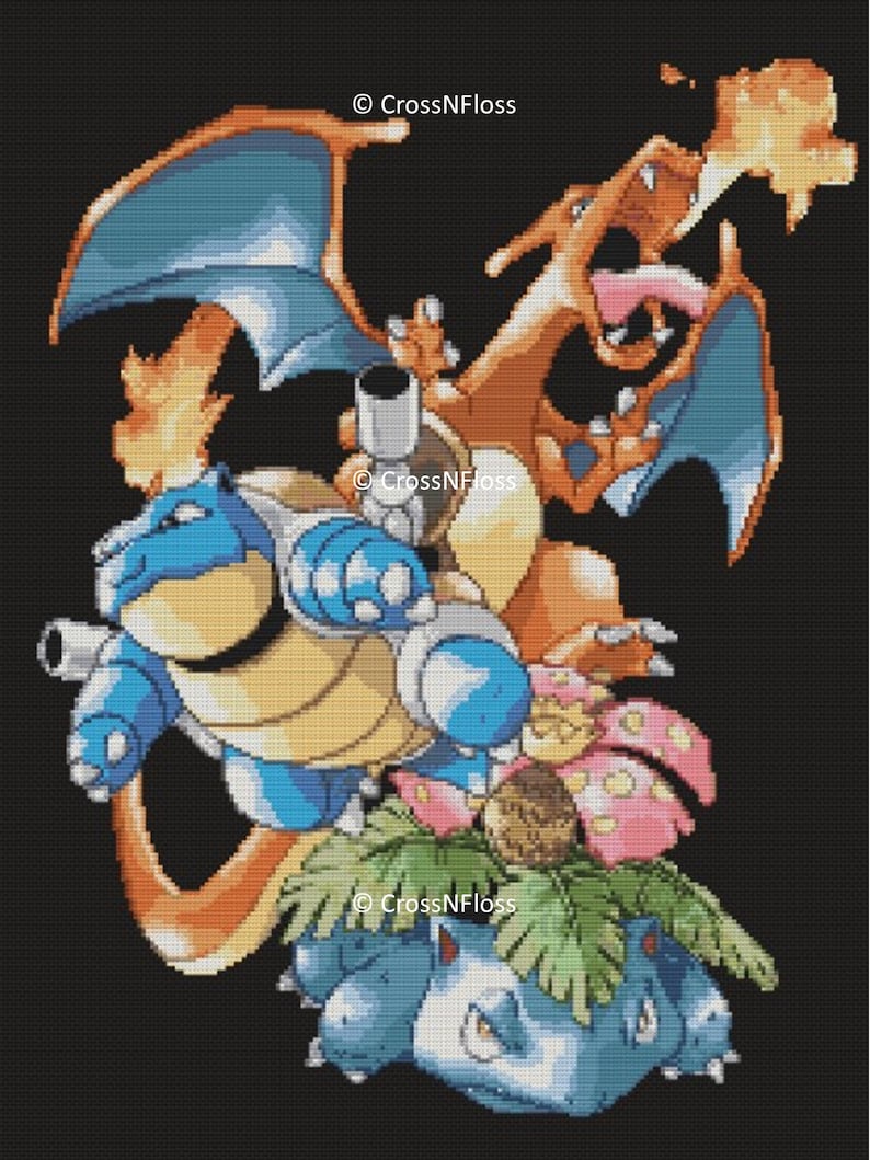 Pokemon Cross Stitch Pattern - Kanto Trio - Charizard Blastoise ...