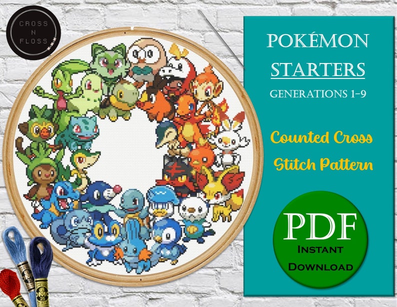 Pokémon Starters Cross Stitch Pattern - Generations 1-9 (PDF Pattern ...
