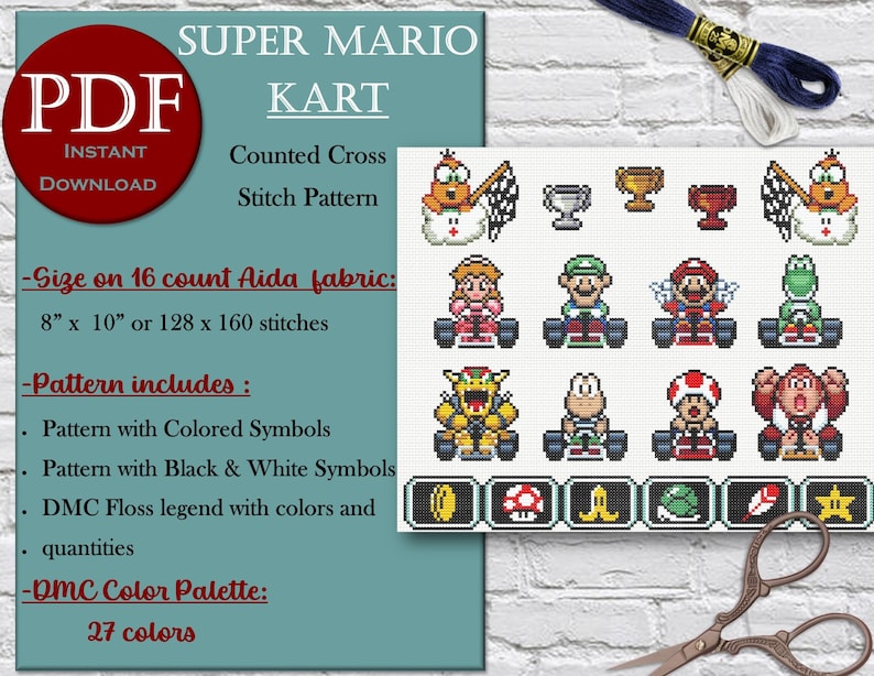 Super Mario Kart Cross Stitch Pattern Super Mario 8 X 10 Sized Cross ...