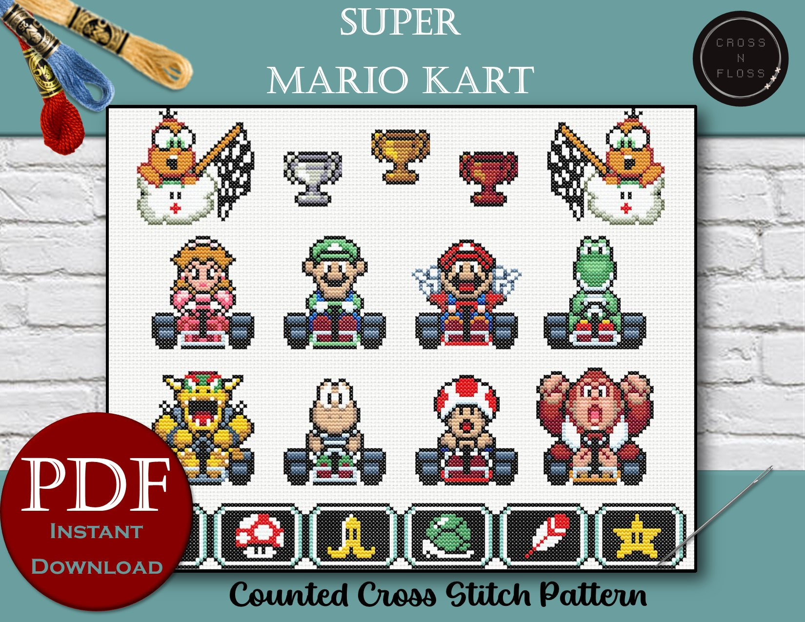 Super Mario Kart Cross Stitch Pattern Super Mario 8 X 10 Sized Cross ...