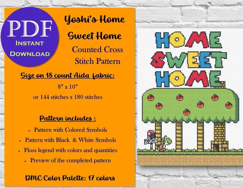 Yoshi's Home Sweet Home Cross Stitch Pattern Super Mario - Etsy
