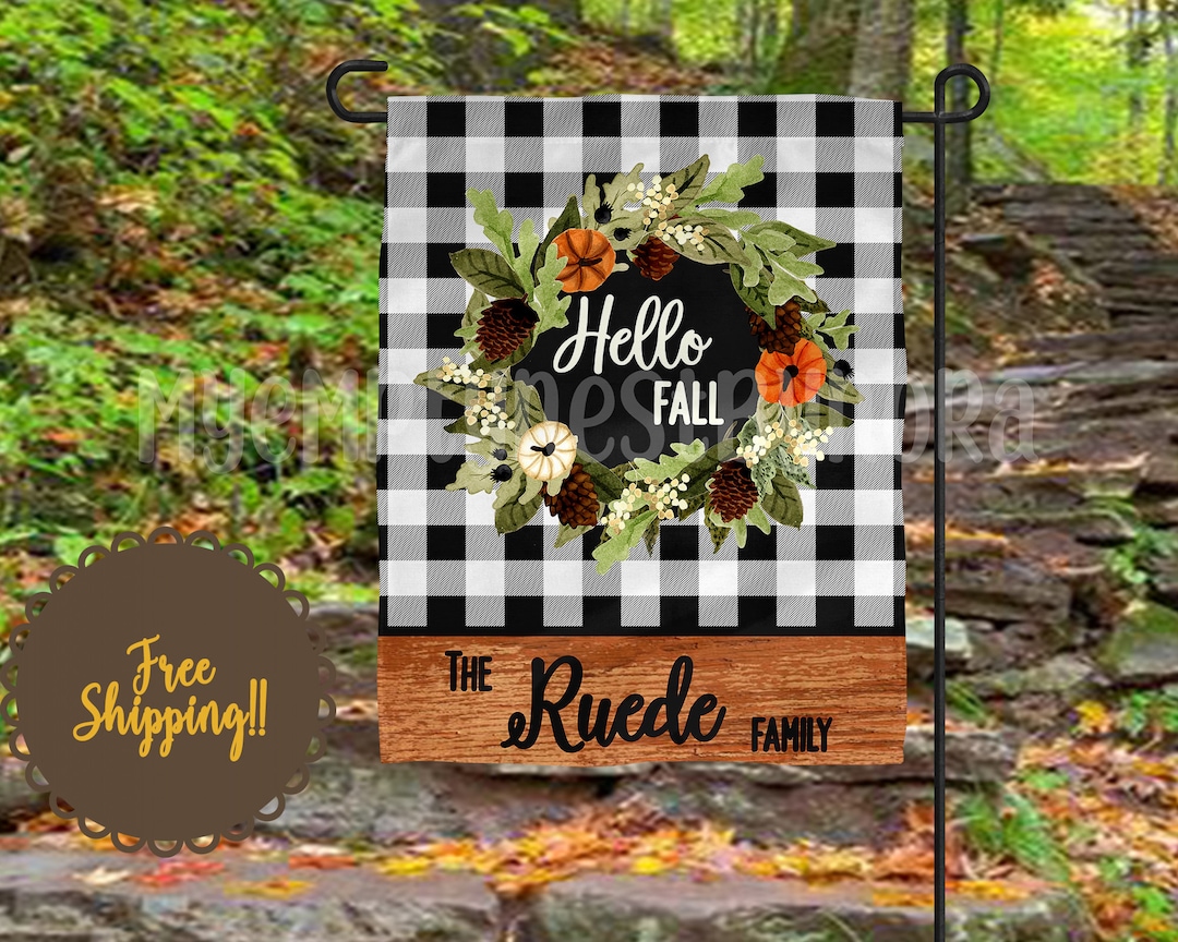 Garden Flag for Fall Personalized Garden Flag Hello Fall Buffalo Check ...