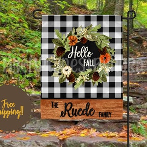 Garden Flag for Fall Personalized Garden Flag Hello Fall Buffalo Check ...