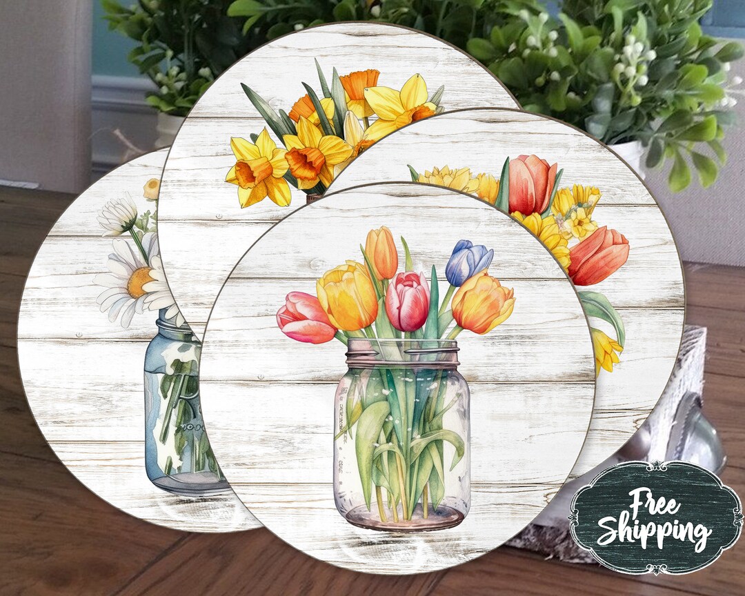 Spring Floral Ball Jar Farmhouse Drink Coasters Housewarming Gift ...