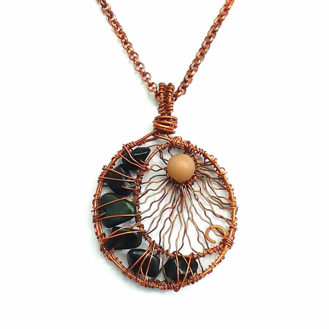 Sun & Moon, Copper Wire Wrap, Pendant Necklace, Black Obsidian ...