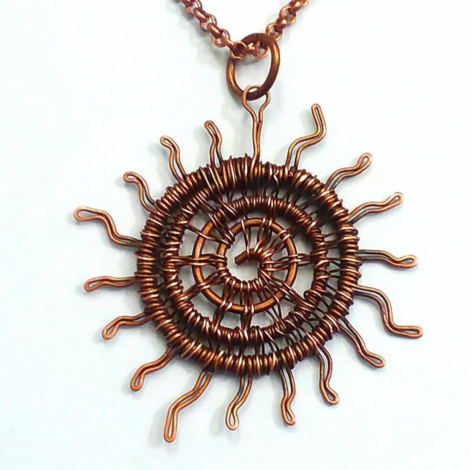 Copper Wire Wrapped Sun Necklace, Unisex Handmade Pendant, Ooak Metal ...