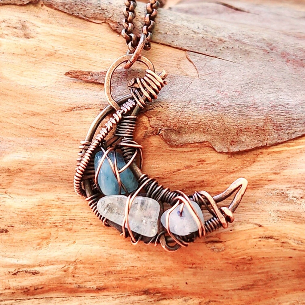 Copper Wire Wrapped Moon Pendant, Aquamarine Stone Necklace, Birthstone ...