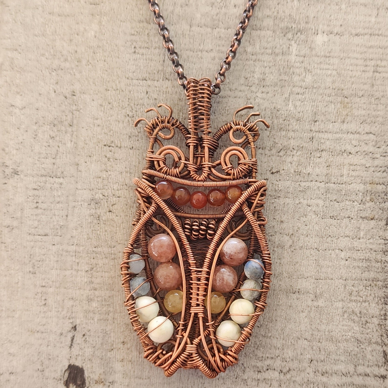 Owl Pendant Necklace, Copper Wire Wrap, Artisan Stone Jewelry, Unique ...