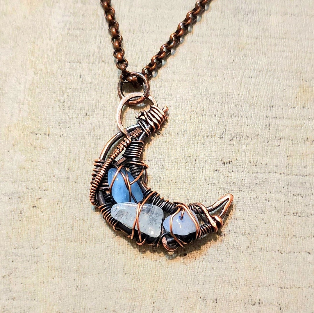 Copper Wire Wrapped Moon Pendant Aquamarine Stone Necklace - Etsy