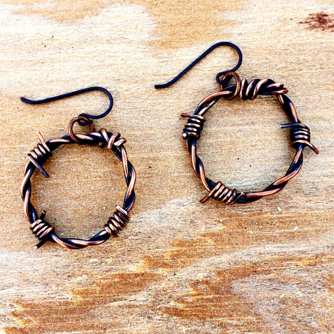 Copper Barbed Wire Wrapped Hoop Earrings, Handmade Unique Jewelry ...