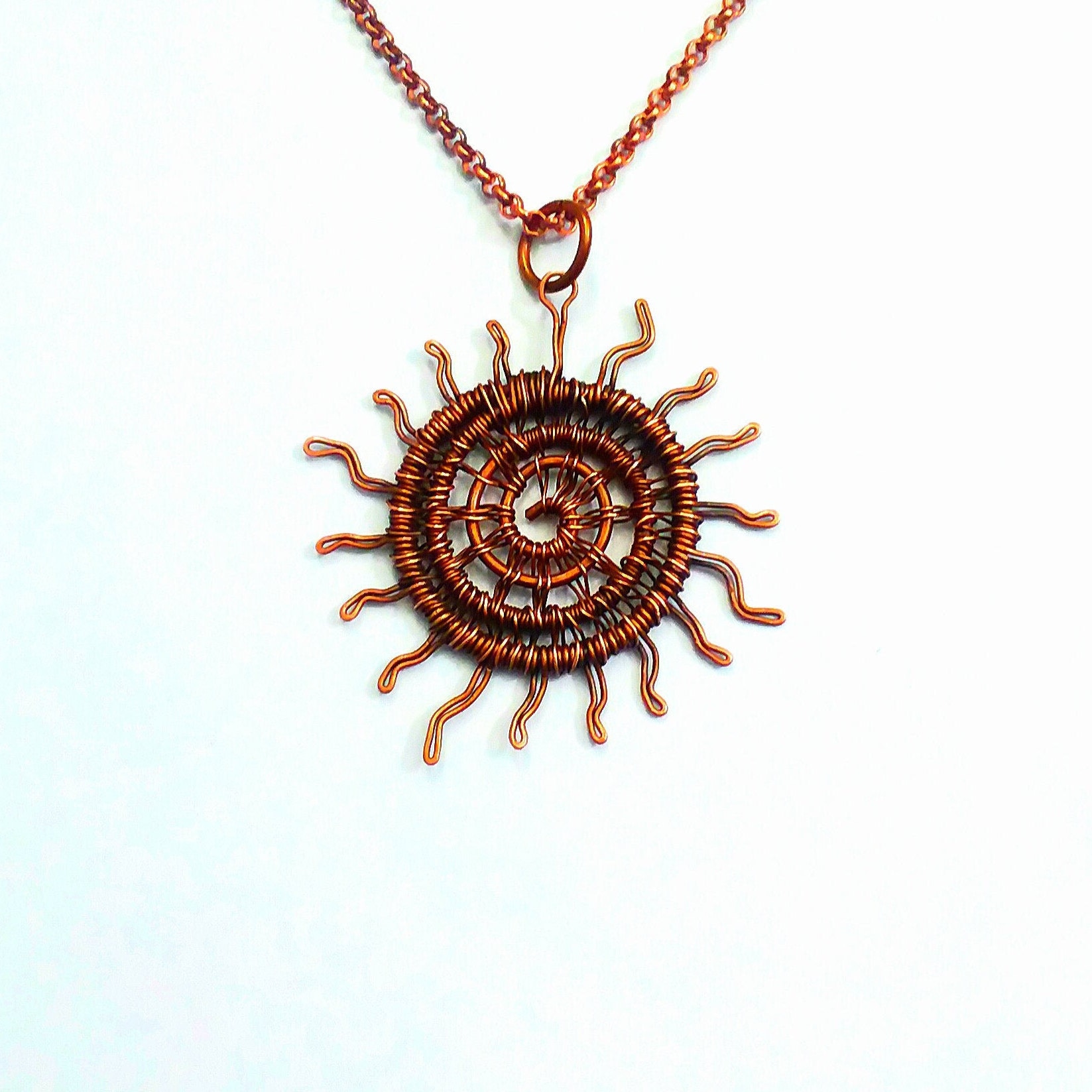 Copper Wire Wrapped Sun Necklace, Unisex Handmade Pendant, Ooak Metal ...